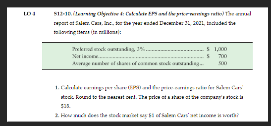 Solved S12-10. (Learning Objective 4: Calculate EPS and the | Chegg.com