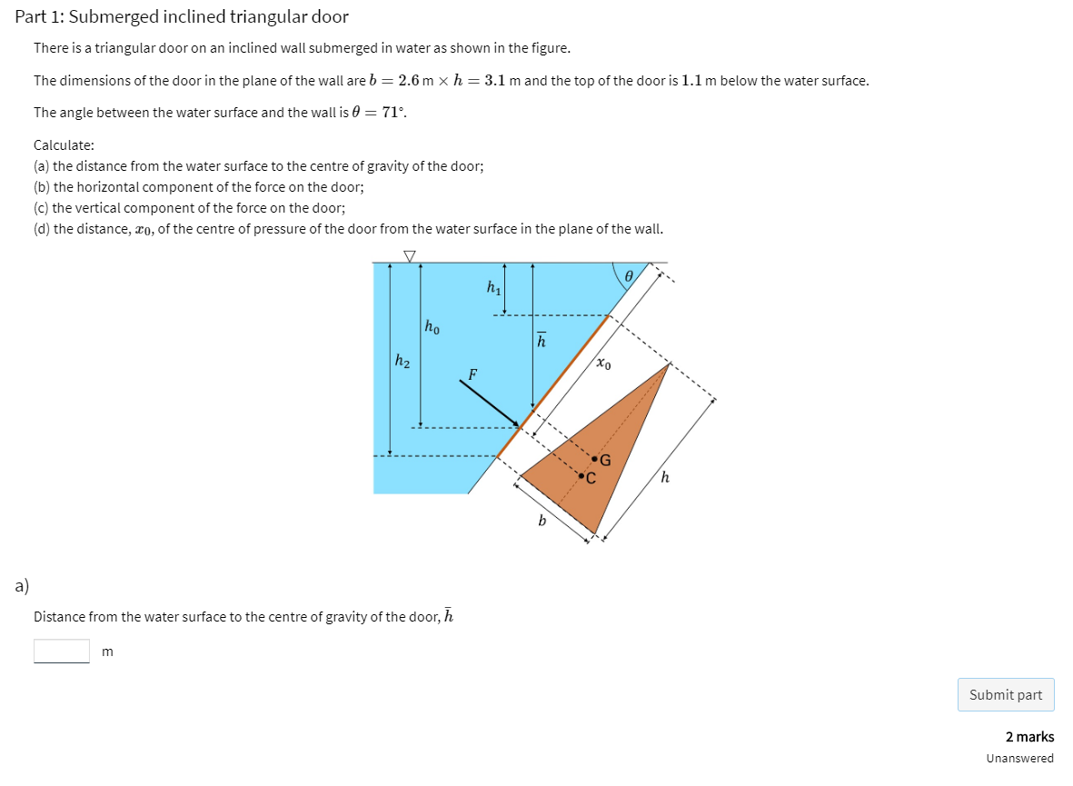 Solved Part 1: Submerged inclined triangular door There is a | Chegg.com