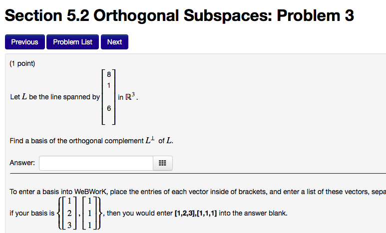 Solved Section 5.2 Orthogonal Subspaces: Problem 3 Previous | Chegg.com