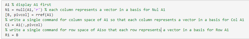 Solved A1 \% display A1 first N1 = null(A1, 'r') \% each | Chegg.com