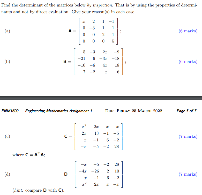 Solved Find the determinant of the matrices below by | Chegg.com