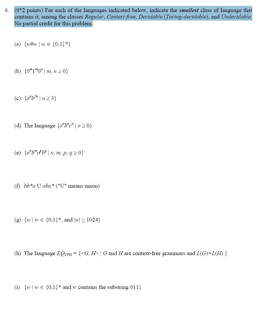 Solved 6. (9*2 points) For each of the languages indicated | Chegg.com
