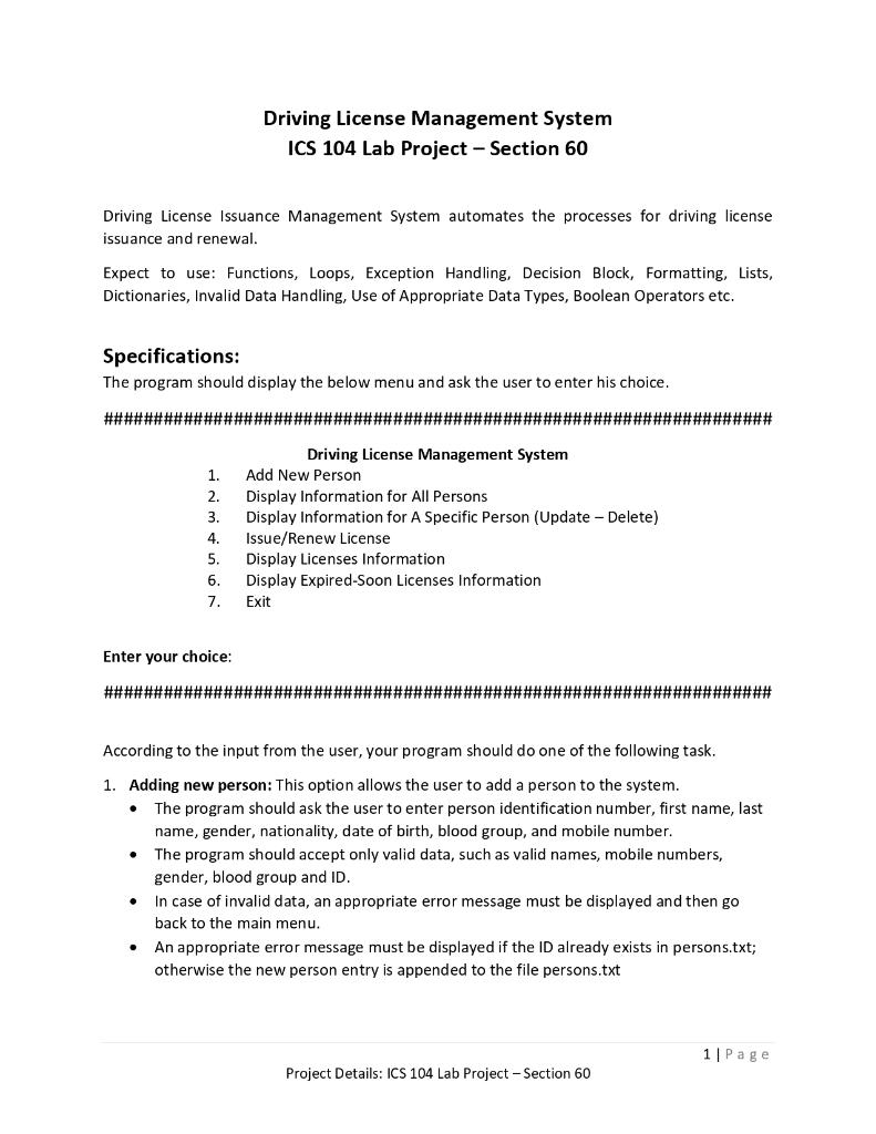 Solved Driving License Management System ICS 104 Lab Project | Chegg.com