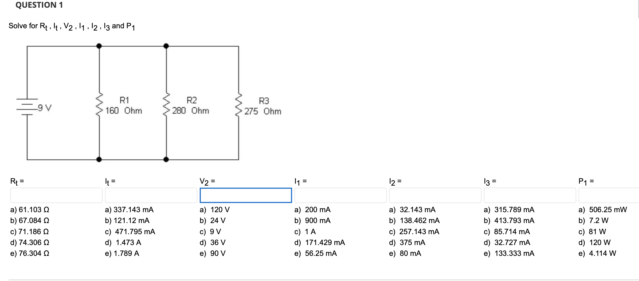 Solved Solve for Rt,It,V2,I1,I2,I3 and P1 | Chegg.com