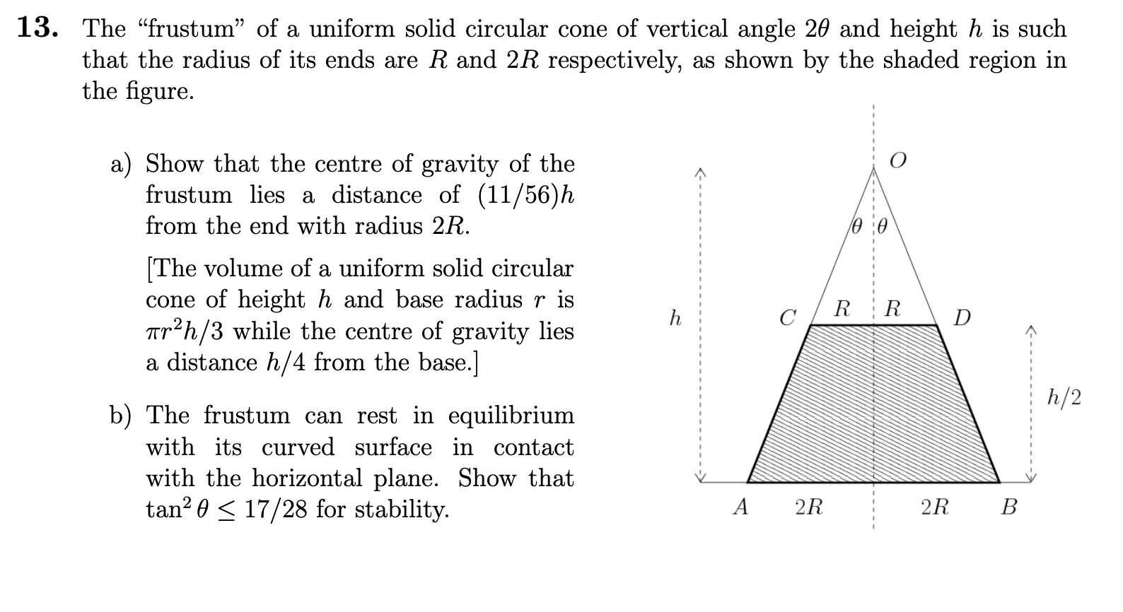 Solved 13. The "frustum” of a uniform solid circular cone of | Chegg.com