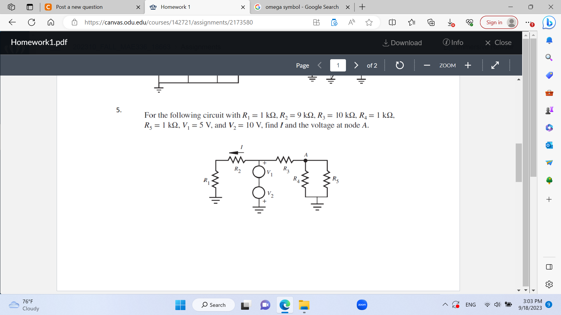 Solved For the following circuit with R1=1kΩ, R2=9kΩ, | Chegg.com