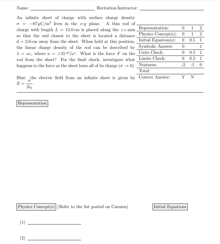 Solved Name: . Recitation Instructor: An infinite sheet of | Chegg.com