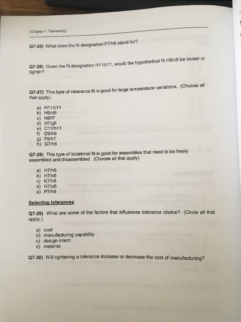 [ Chapter 7: Tolerancing ] Q7-25) What does the fit | Chegg.com