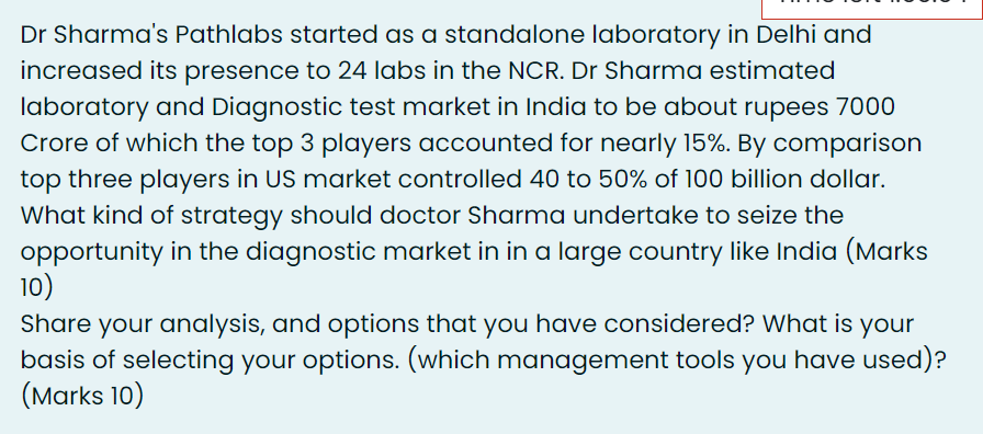 Solved Dr Sharma's Pathlabs started as a standalone | Chegg.com