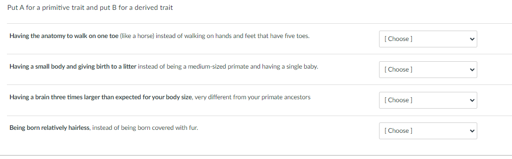Solved Put A for a primitive trait and put B for a derived | Chegg.com