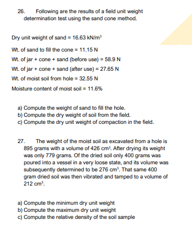 Solved 26. Following are the results of a field unit weight | Chegg.com