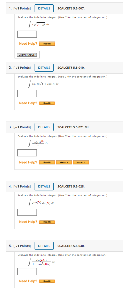 Solved 1. [-/1 Points] DETAILS SCALCET8 5.5.007. Evaluate | Chegg.com