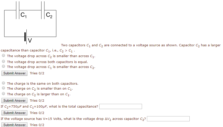 Solved V Two capacitors C1 and C2 are connected to a voltage | Chegg.com