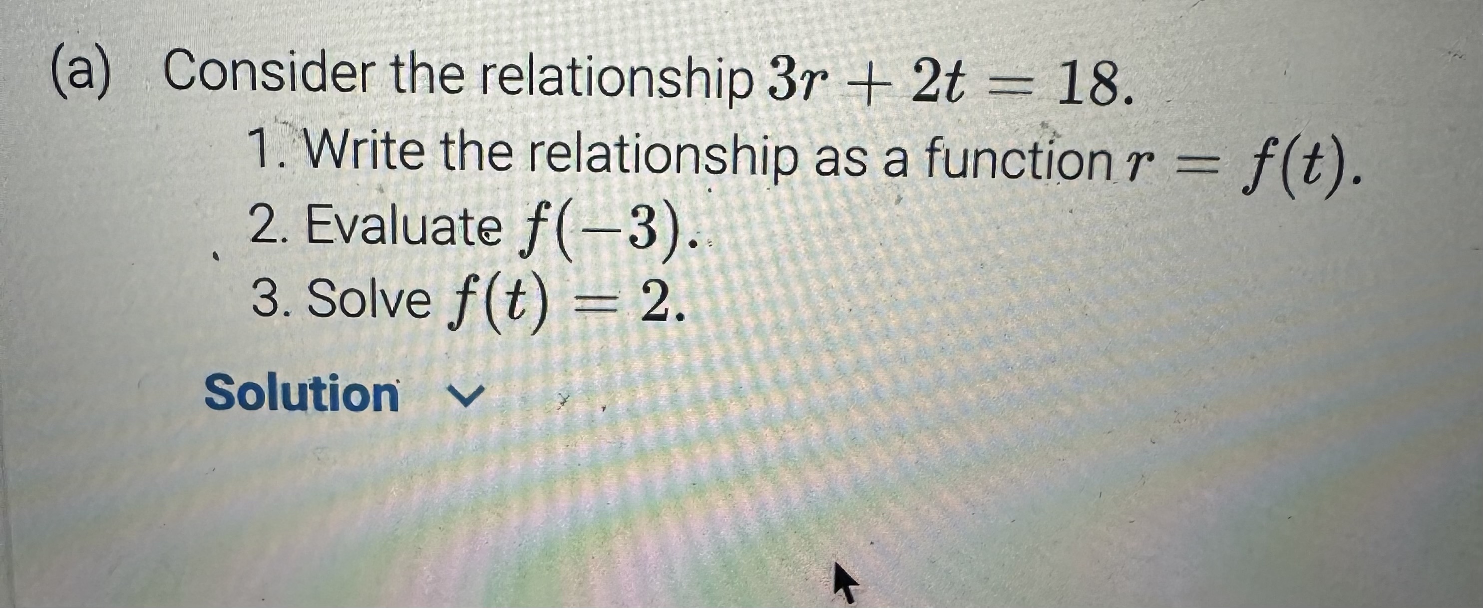 Solved a) Consider the relationship 3r+2t=18. 1. Write the | Chegg.com