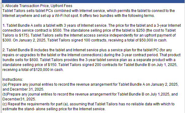 Solved I. Allocate Transaction Price, Upfront Fees Tablet | Chegg.com