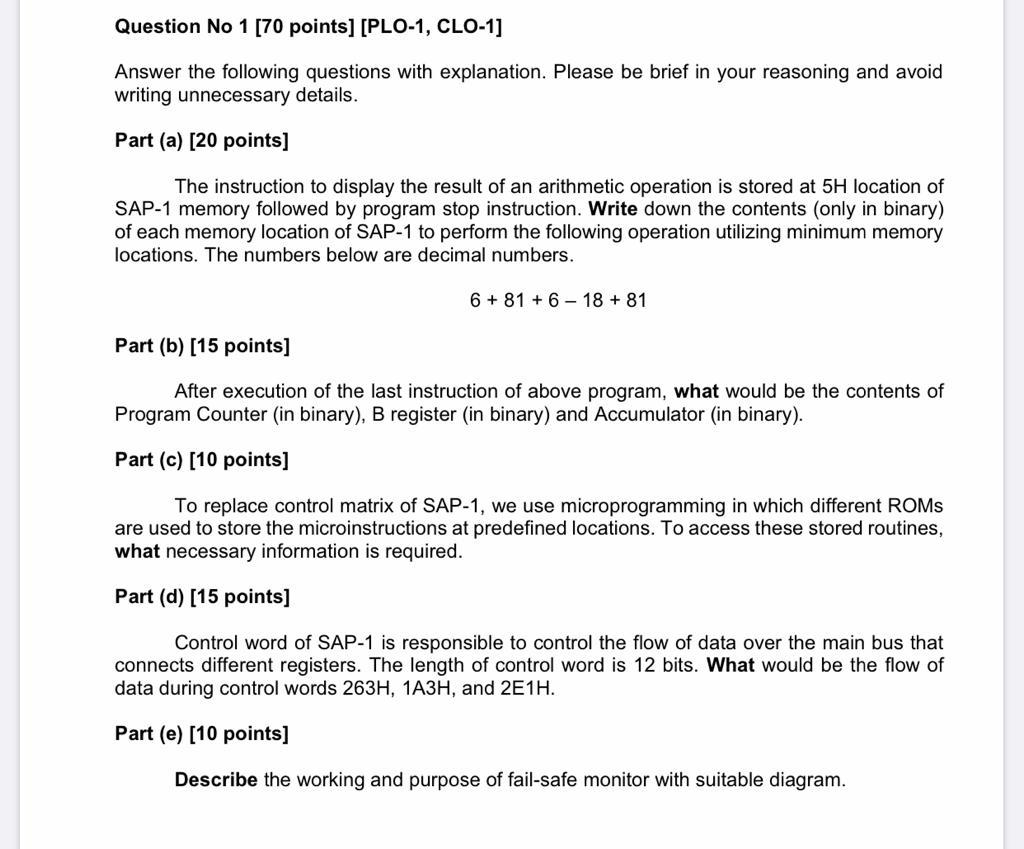 Question No 1 [70 points] [PLO-1, CLO-1] Answer the | Chegg.com