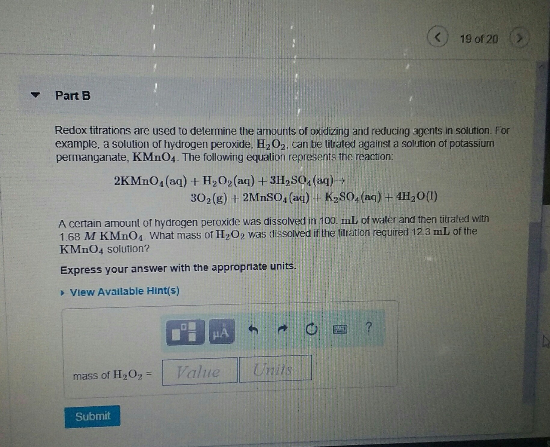 Solved ?) 190120 () ? Part B Redox titrations are used to | Chegg.com