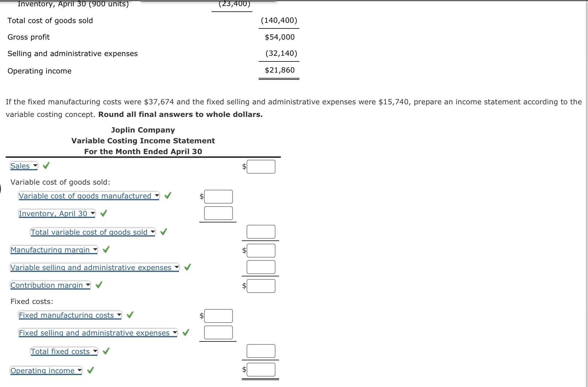 Solved Variable Costing Income Statement On April 30, the | Chegg.com