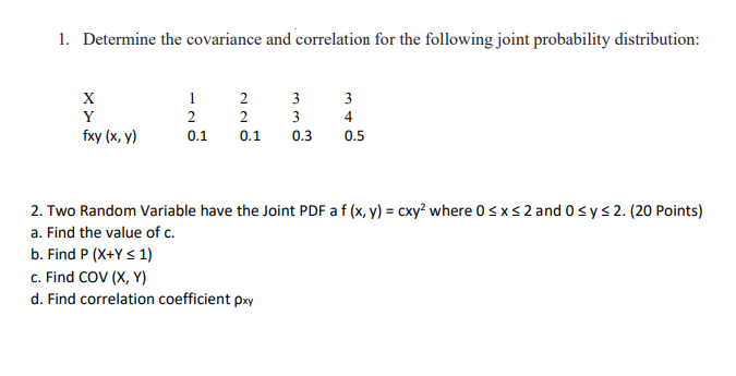 Solved 1 Determine The Covariance And Correlation For The
