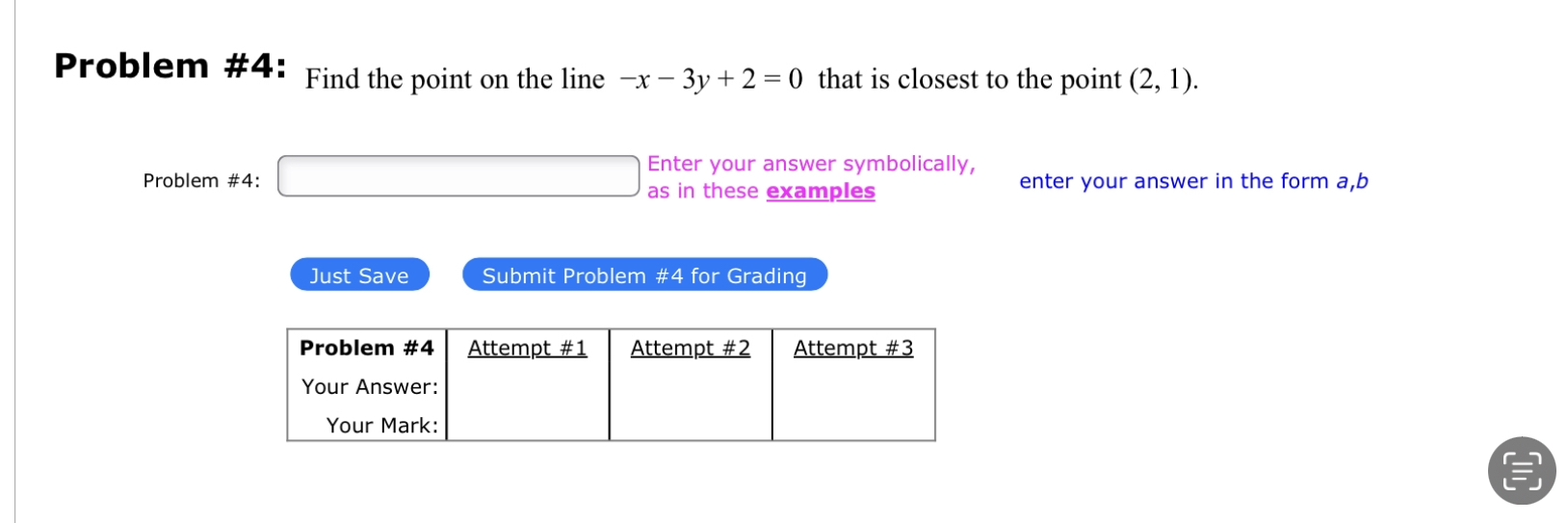 Solved Problem \#4: Find the point on the line −x−3y+2=0 | Chegg.com
