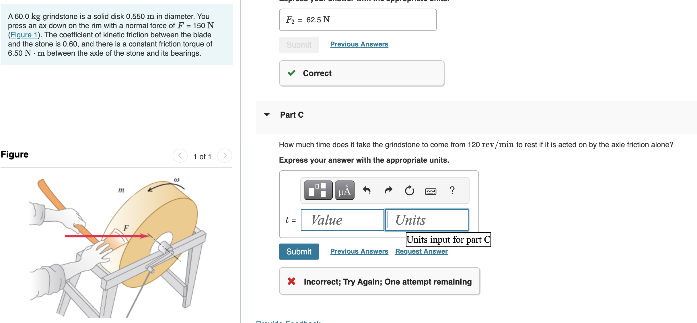 Solved A 60.0kg ﻿grindstone is a solid disk 0.550m ﻿in | Chegg.com
