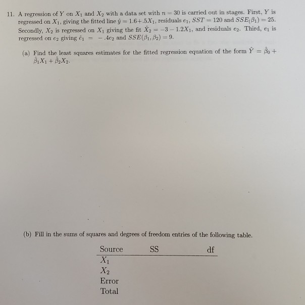 Solved 11. A regression of Y on X1 and X2 with a data set | Chegg.com
