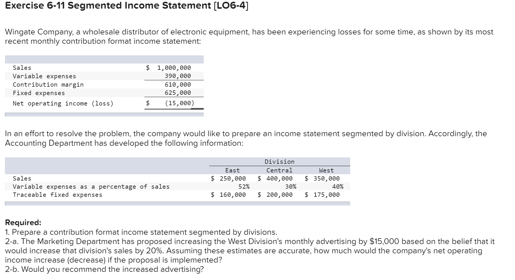 Solved Exercise 6-11 Segmented Income Statement (LO6-4] | Chegg.com