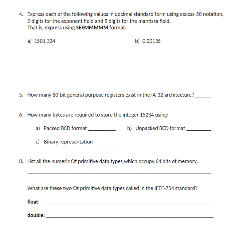 Solved 4. Express each of the following values in decimal | Chegg.com