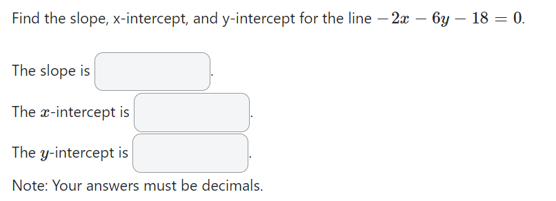 Solved Find the slope, x -intercept, and y -intercept for | Chegg.com