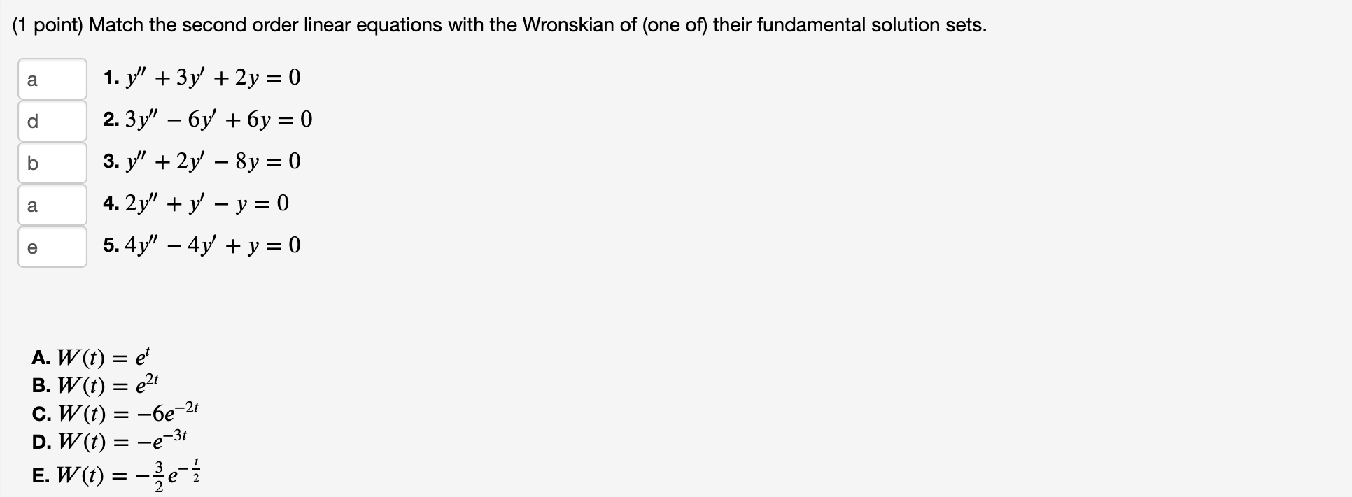 Solved (1 point) Match the second order linear equations | Chegg.com