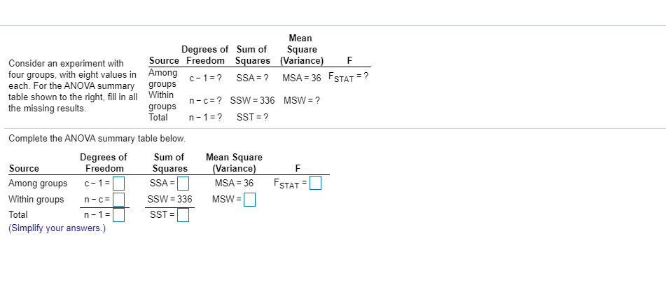 Solved Mean Degrees of Sum of Square Consider an experiment | Chegg.com