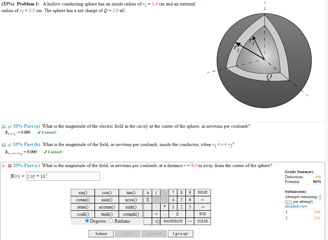 Solved (33\%) Problem 1: A hollow conducting sphere has an | Chegg.com