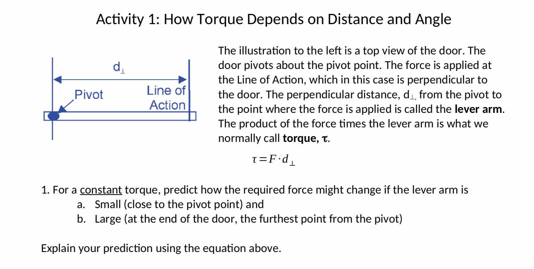 Solved Activity 1: How Torque Depends on Distance and Angle | Chegg.com