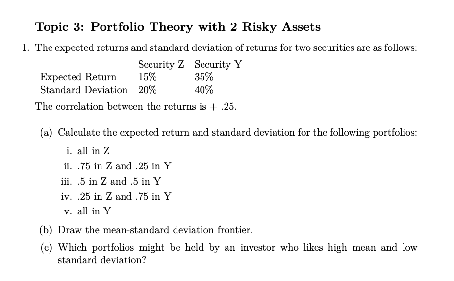 Solved Topic 3: Portfolio Theory with 2 Risky Assets 1. The | Chegg.com