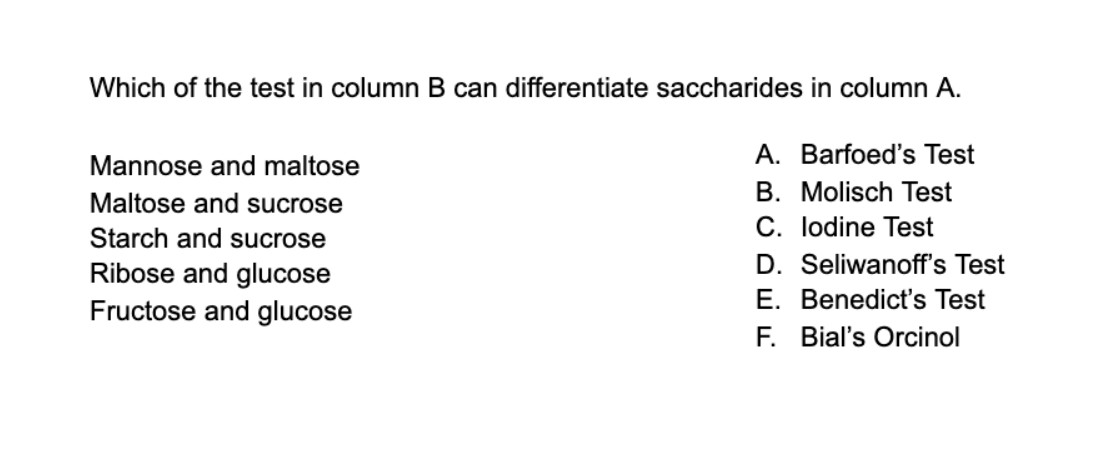 Solved Which of the test in column B can differentiate | Chegg.com