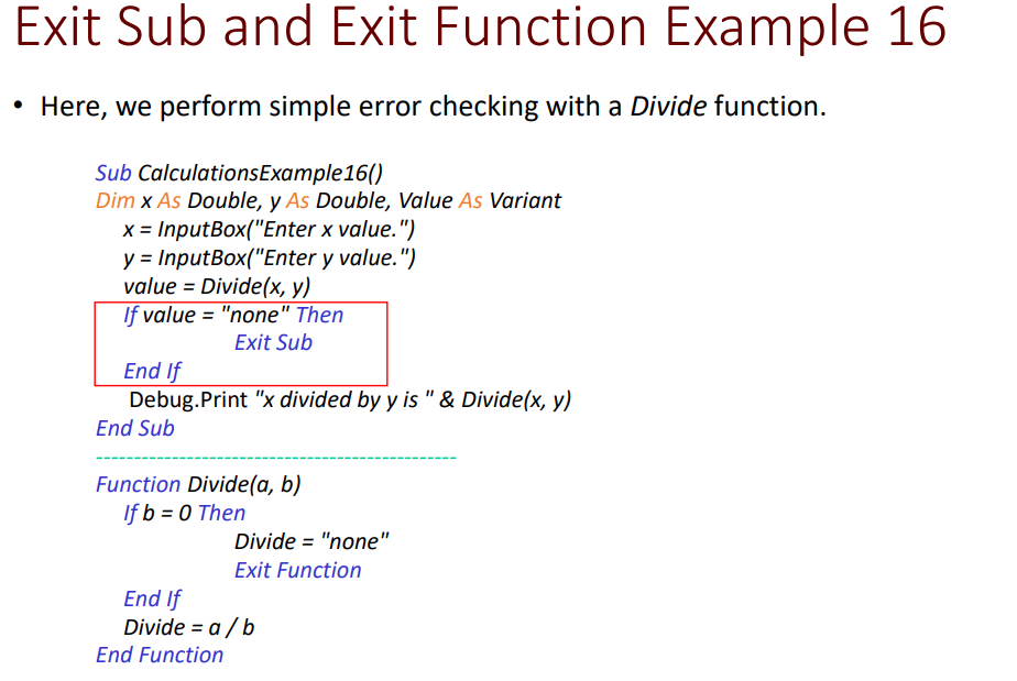 Solved Question 16: Exit Sub End If for Error Checking - Use | Chegg.com