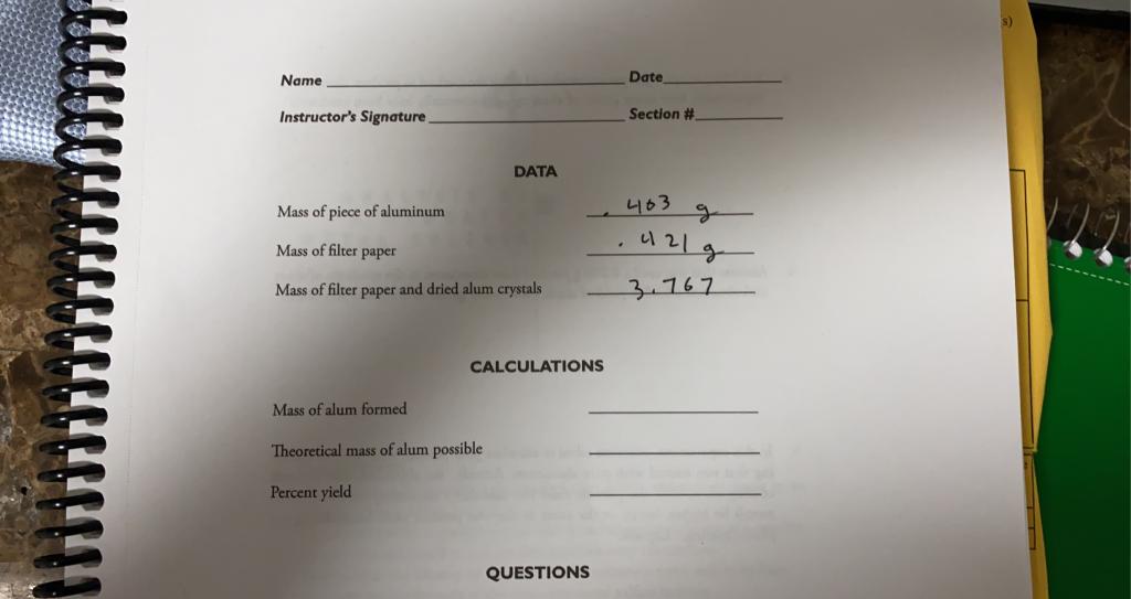 Solved Name Date Instructor's Signature Section # DATA Mass | Chegg.com