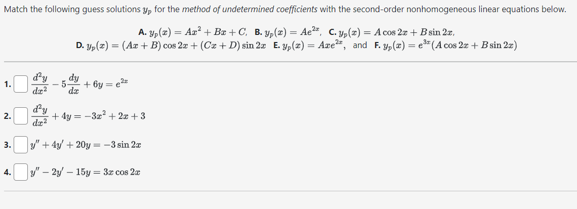 Solved Match the following guess solutions yp for the method | Chegg.com