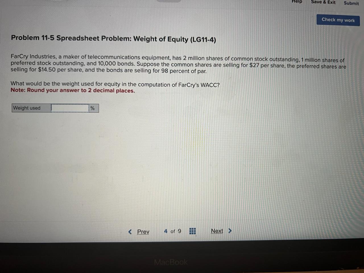 Solved Problem 11-5 Spreadsheet Problem: Weight of Equity | Chegg.com