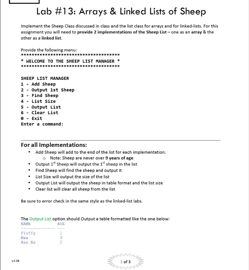 Solved Lab #13: Arrays & Linked Lists of Sheep Implement the | Chegg.com