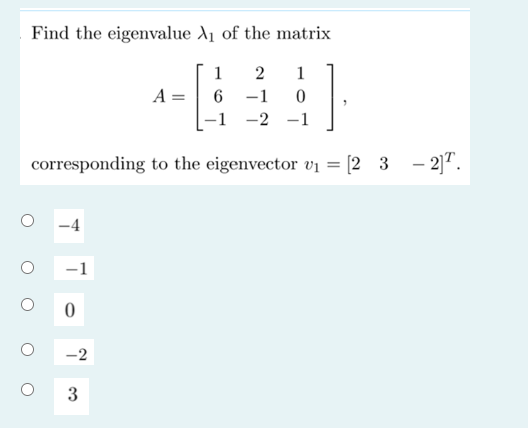 [Solved]: Find the eigenvalue 1 of the matrix A=161212101,