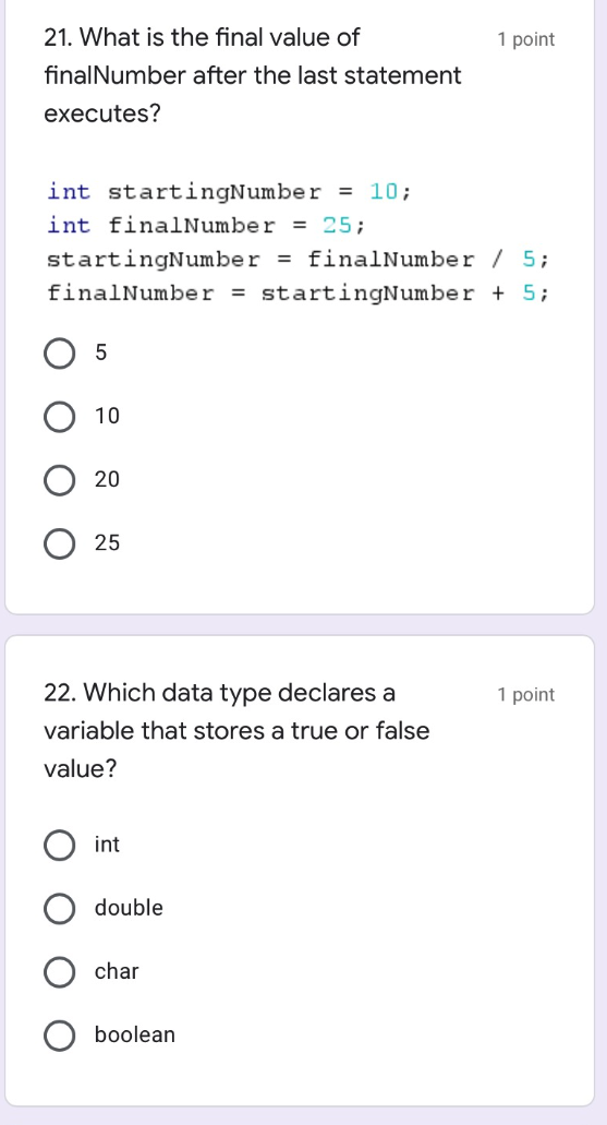 Solved 21. What is the final value of 1 point finalNumber | Chegg.com