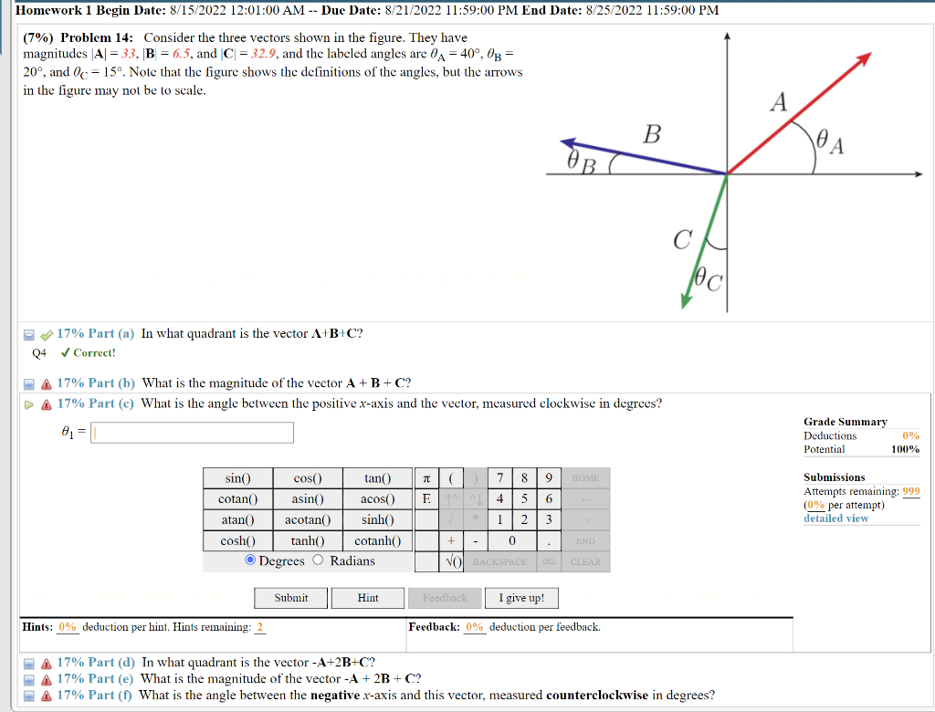 Solved (7\%) Problem 14: Consider the three vectors shown in | Chegg.com