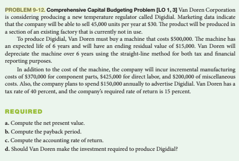 Solved PROBLEM 9-12. Comprehensive Capital Budgeting Problem | Chegg.com