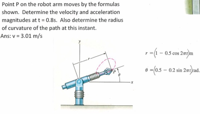 Solved Point P on the robot arm moves by the formulas shown. | Chegg.com