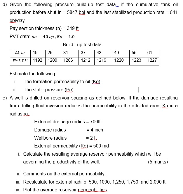 d) Given the following pressure build-up test data.. | Chegg.com