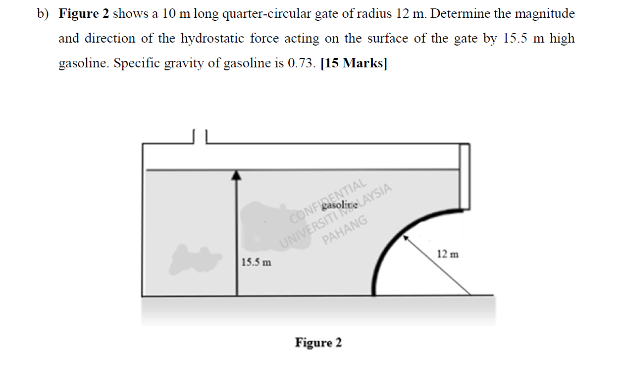 Solved b) Figure 2 shows a 10 m long quarter-circular gate | Chegg.com