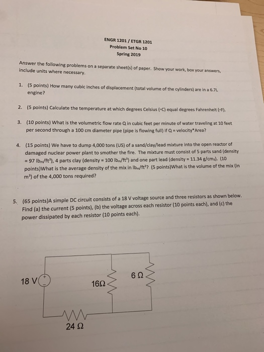 Solved ENGR 1201/ETGR 1201 Problem Set No 10 Spring 2019 | Chegg.com