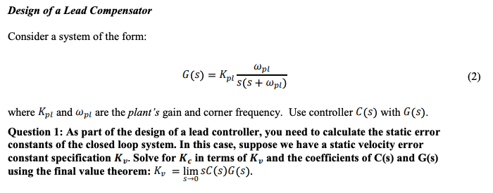 Design of a Lead Compensator Consider a system of the | Chegg.com