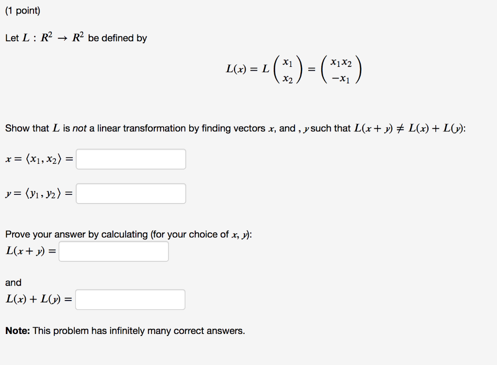 Solved (1 point) Let L: R2 R2 be defined by L(x) = L X1X2 | Chegg.com